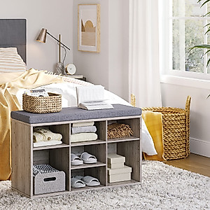 DINZI LVJ Shoe Bench, 9 Cubbies Shoe Organizer for Entryway, Storage Bench with Cushion, Cubby Shoe Rack with Adjustable Shelves for Living Room, Bedroom, Mudroom, Hallway, Greige