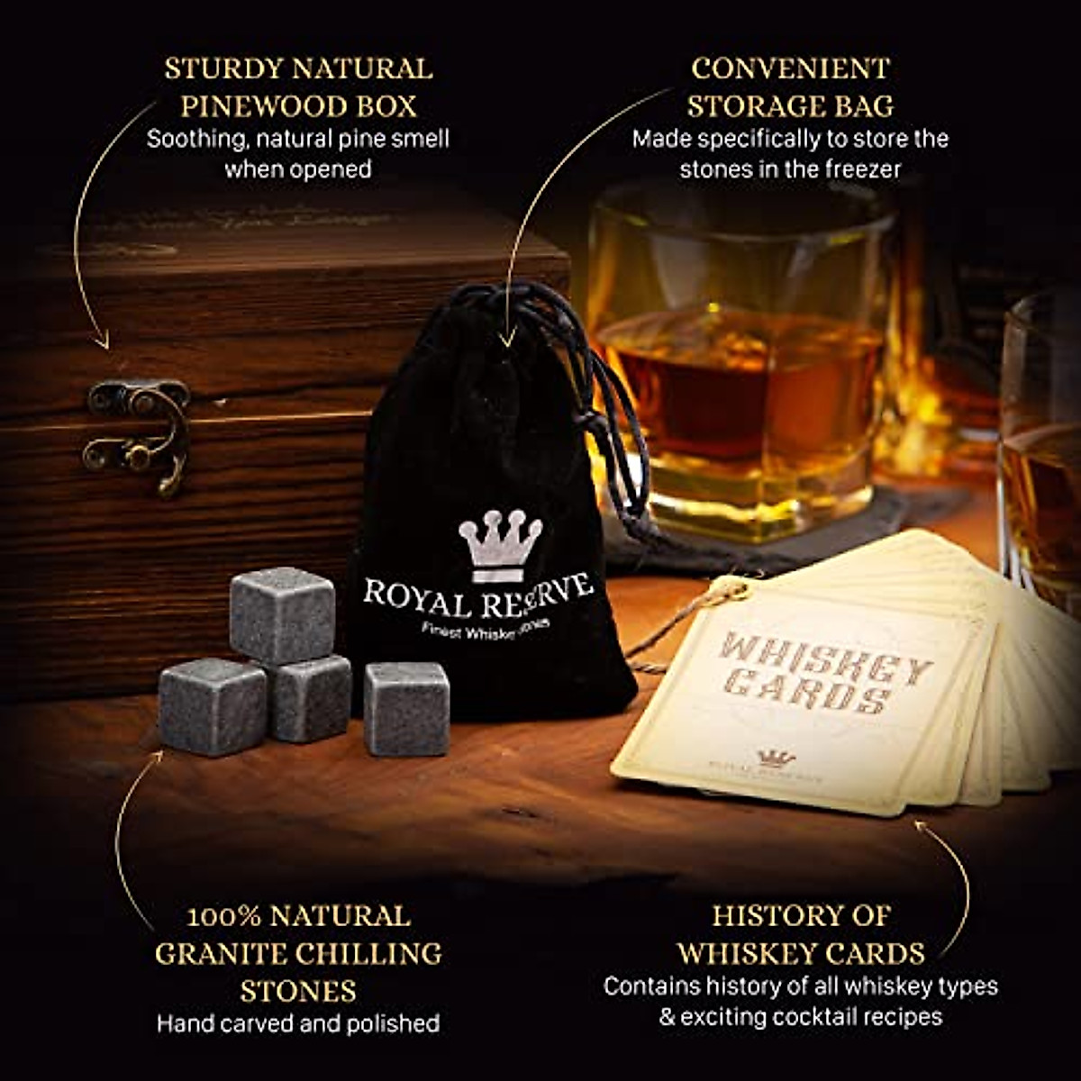 Whiskey Stones Gift Set by Royal Reserve | Artisan Crafted Chilling Rocks Scotch Bourbon Glasses and Slate Table Coasters – Gift for Guy Men Dad Boyfriend Anniversary or Retirement Regalos para hombre