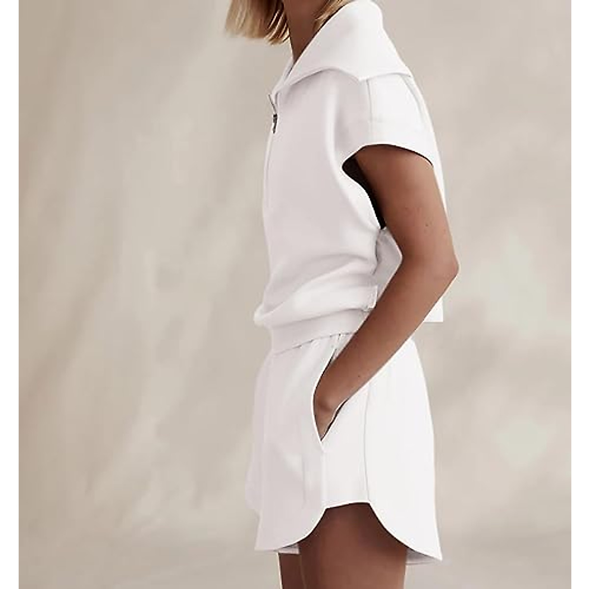 MISSACTIVER Women Two Piece Outfit Quarter 1/4 Zip Cap Sleeve Sweatshirts and High Waisted Shorts Set Loose 2 Piece Tracksuit (Small, White)