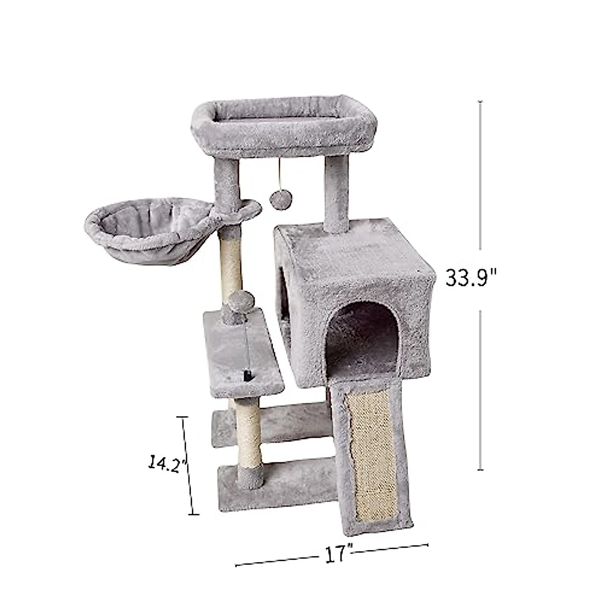 MIAO PAW 10Grey Cute Cat Tree Tower for Indoor Cats - Condo with Sisal Scratching Posts，Jump Platform Cat Furniture Activity Center Play House Bed