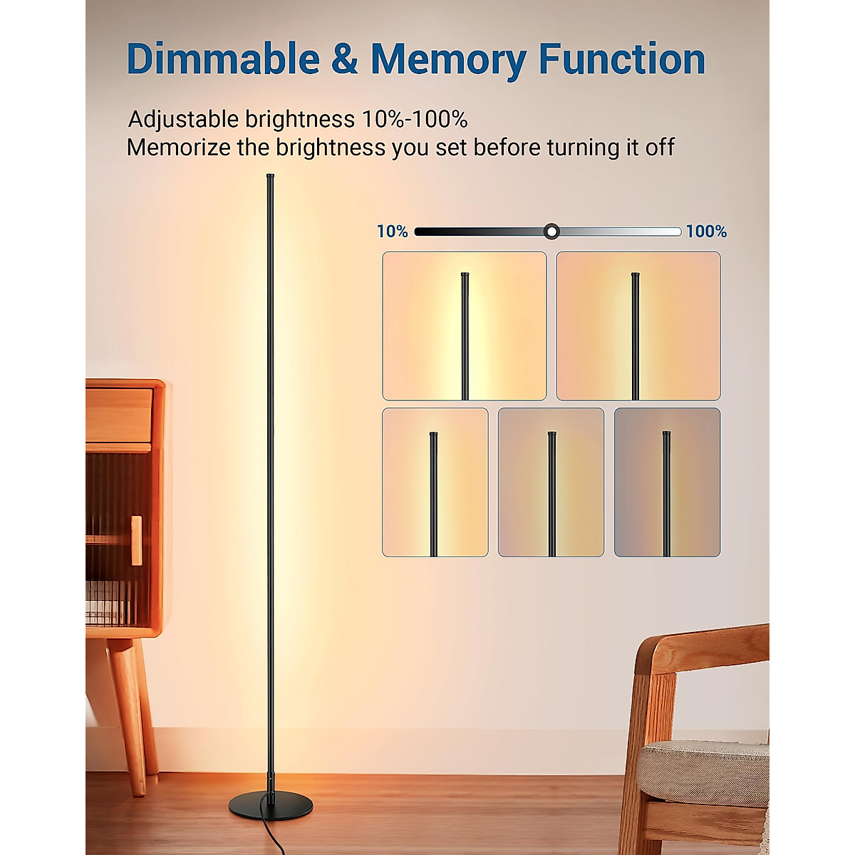 DEWENWILS LED Corner Floor Lamp, 57.5" Minimalist Dimmable Light, Standing Tall Lamp for Living Room, Bedroom, Office, 3000K Warm White Light (Black)
