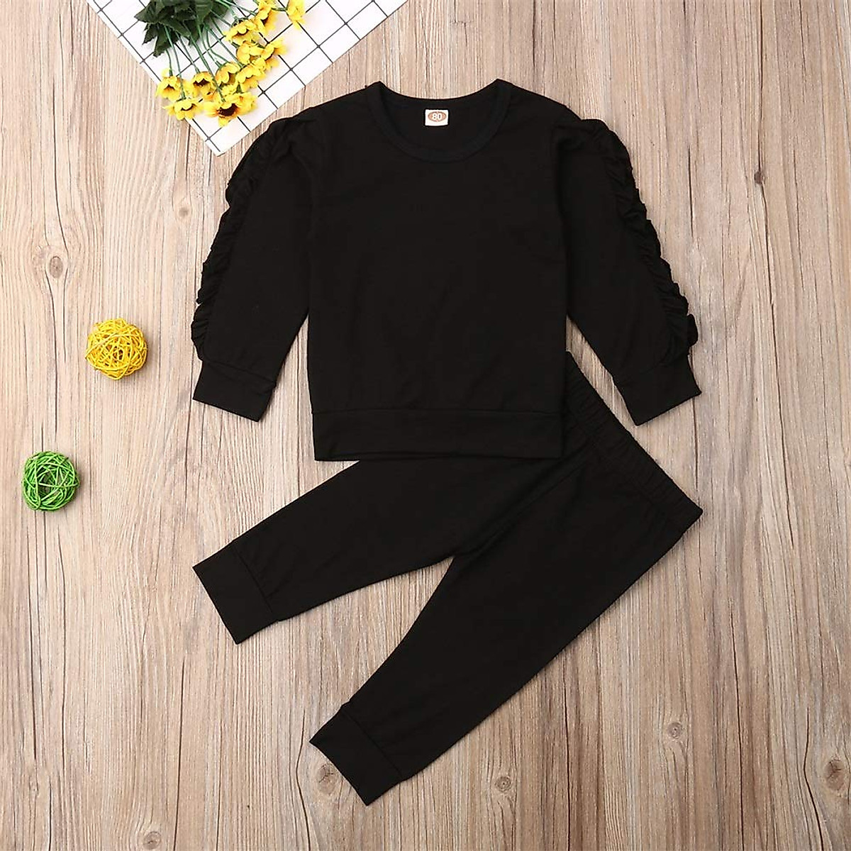 Infant Baby Girl Fall Winter Clothes Outfit Toddler Girl Long Sleeve Ruffle T-Shirt Tops Sweatsuit Pants 2Pcs Sleepwear Pajamas Set (Black, 2-3T)