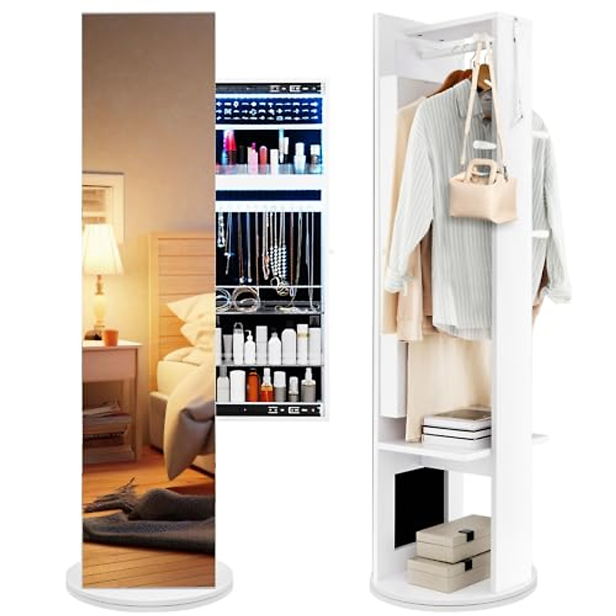 CHARMAID 65.5" H Jewelry Armoire with Full Length Mirror and Clothes Rack, Slide-Out Jewelry Cabinet with 3-Color LED lights, Rear Shelves, Hanging Rods, 360° Swivel Jewelry Organizer Storage (White)