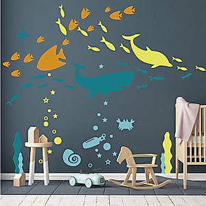 Ocean Wall Decal- Under The Sea Fish Vinyl Wall Stickers for Kids Boys Girls Room Bedroom Nursery Decor