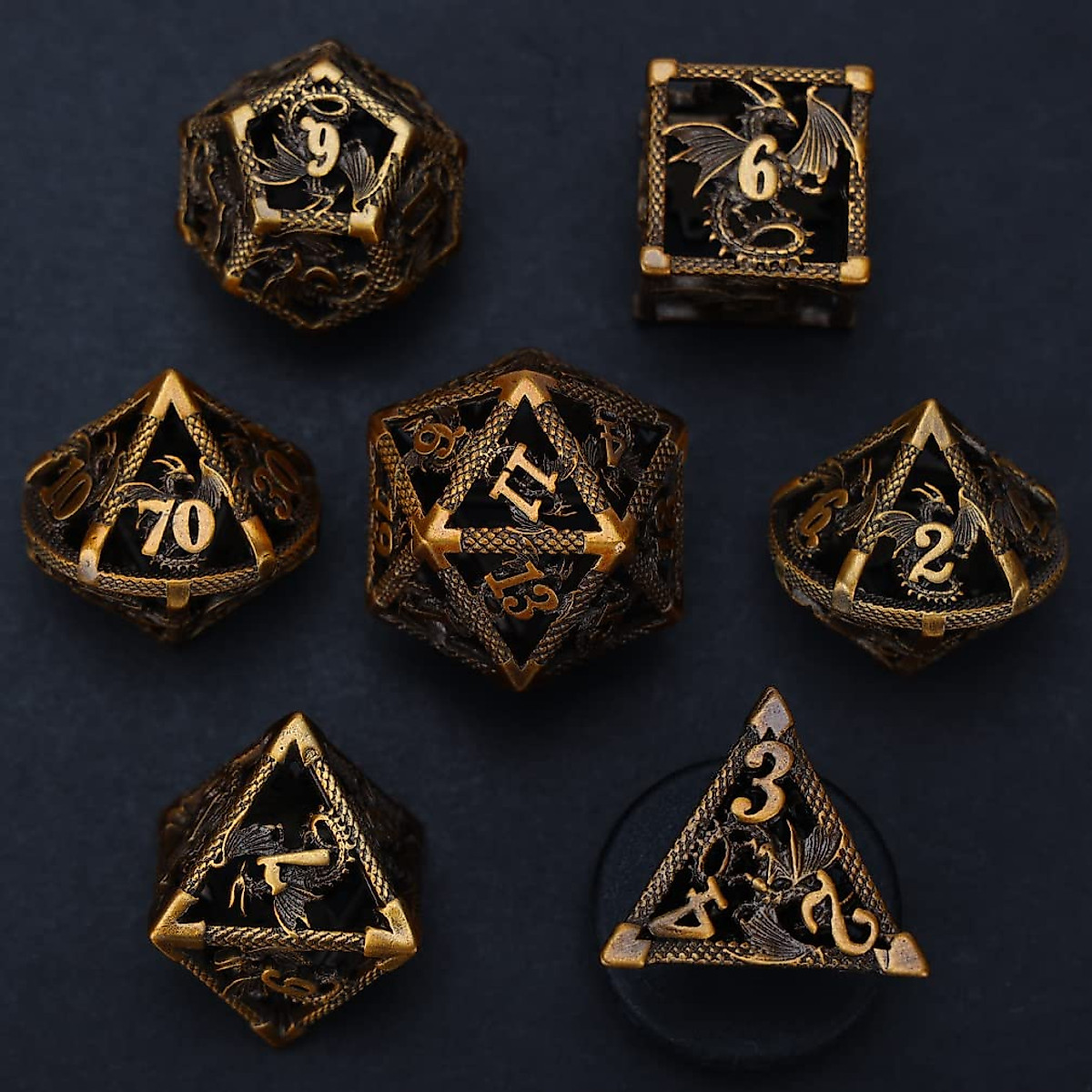 DND Dice Set 7 Pieces, JJDISO Hollow Metal D&D Polyhedral DND Dice for Dungeons and Dragons RPG Steampunk Dragons Role Playing Dice with Gift Box, Ancient Golden D4 D6 D8 D10 D12 D20 Dice Set