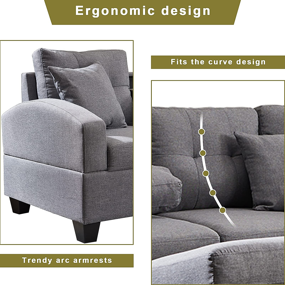 Unovivy Large Sectional Couches for Living Room, 109" L Shaped Upholstered Sofa with Chaise, Ottoman and Cup Holders, 3-Piece Fabric Furniture Sets, Suitable Space & Apartment, Light Gray