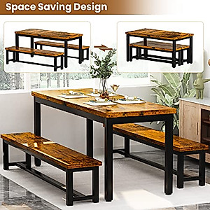 AWQM Dining Room Table Set, Kitchen Table Set with 2 Benches, Ideal for Home, Kitchen and Dining Room, Breakfast Table of 43.3x23.6x28.5 inches, Benches of 38.5x11.8x17.5 inches, Industrial Brown