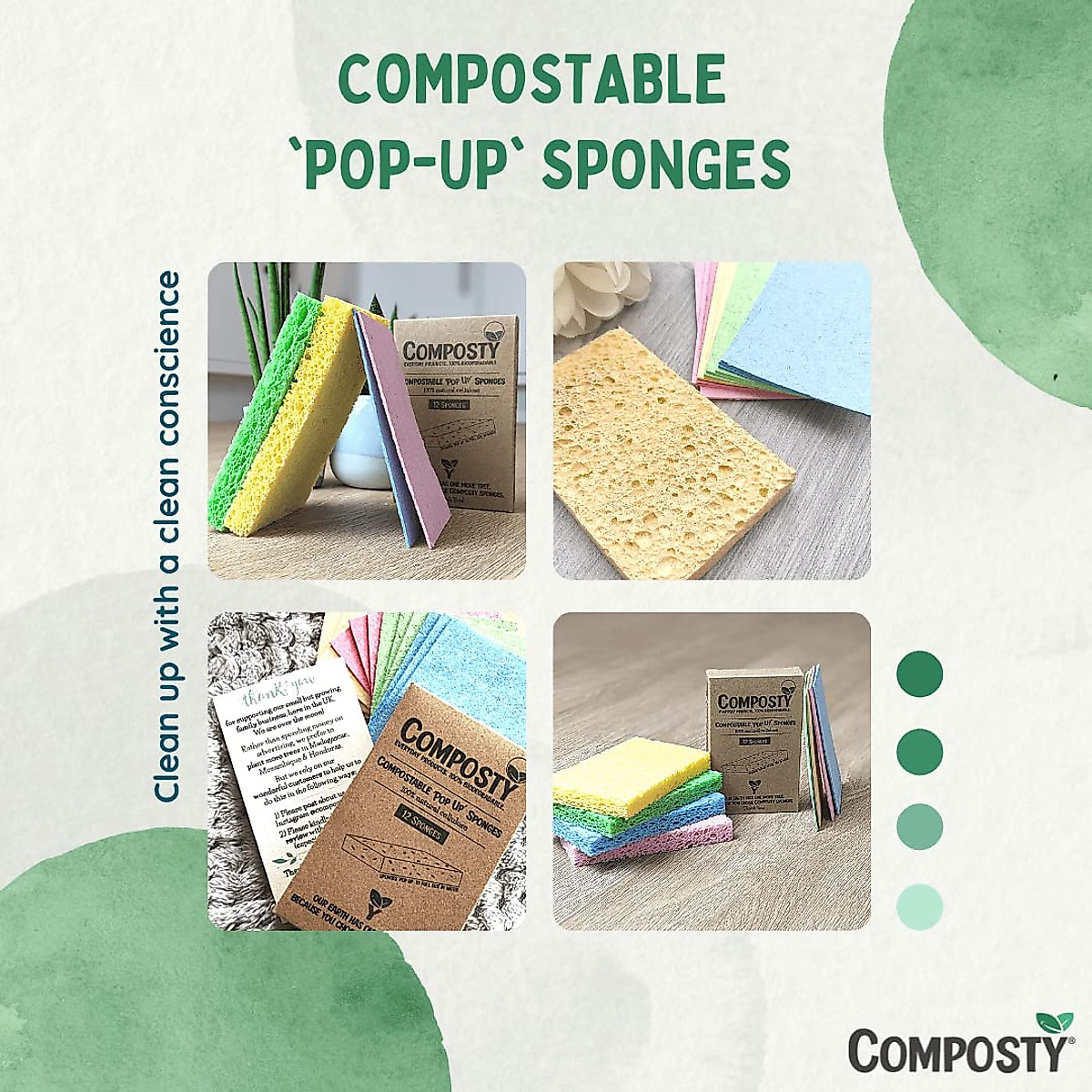 Composty® | Premium 'Pop-Up' Eco Sponges | 12 Pack | Compostable | Zero Waste | Plastic Free | Natural Cellulose | Long-Lasting | 4 Colors: Perfect for Kitchen, Washing Up, Bathroom | One Tree Planted