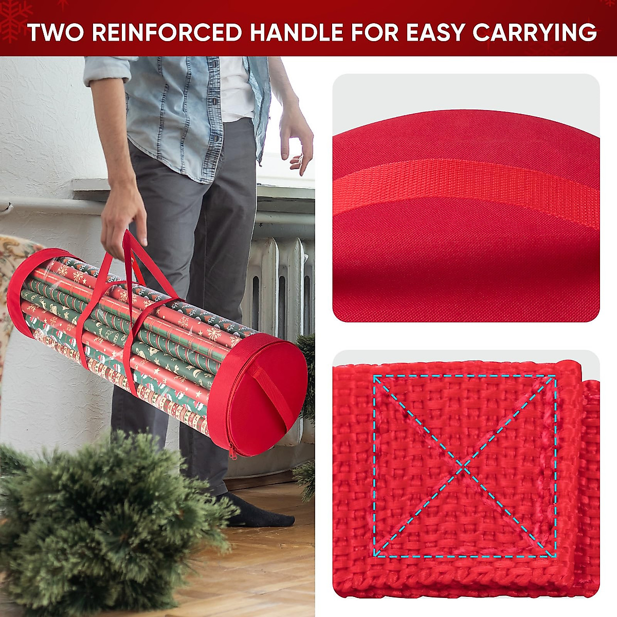 BALEINE Christmas Wrapping Paper Organizer Storage, 41" Gift Wrapping Paper Storage Containers, Clear PVC with Durable 600D Oxford Fabric Gift Wrap Paper Holder Fits 18-25 Rolls, Grey