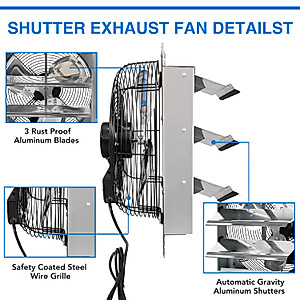 KEN BROWN 12 Inch Shutter Exhaust Fan Wall Mounted,Aluminum with 1.65 Meters Power Cord Kit,High Speed 1800CFM,Vent fan for Commercial,Greenhouse,Attic,Shed,Shop