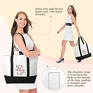 Floral Ini-tial Large Tote Bag for Women, Can-vas Beach Bag w Makeup Bag, Personalized Friend 50th Birthday Bridesmaid Bridal Shower Mothers Day Gifts w Inner Pocket, Top Zi-pper, Gift Box, Card J
