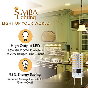 Simba Lighting G8 LED Dimmable Light Bulb (10 Pack) 1.5W T4 37mm 20W Halogen Replacement for Accent Lights, Under Cabinet Puck Light, Desk Lamps, Pendant Lights, 120V JCD Bi-Pin Base, Soft White 3000K