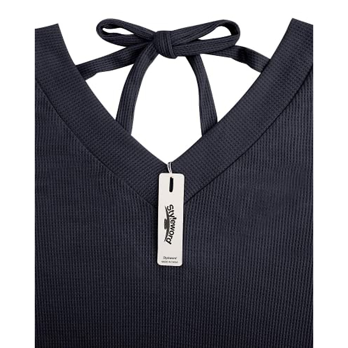 OUGES Womens Tie Back Knit Tops V Neck Long Sleeve Casual Sweater Pullover（Navy,M）