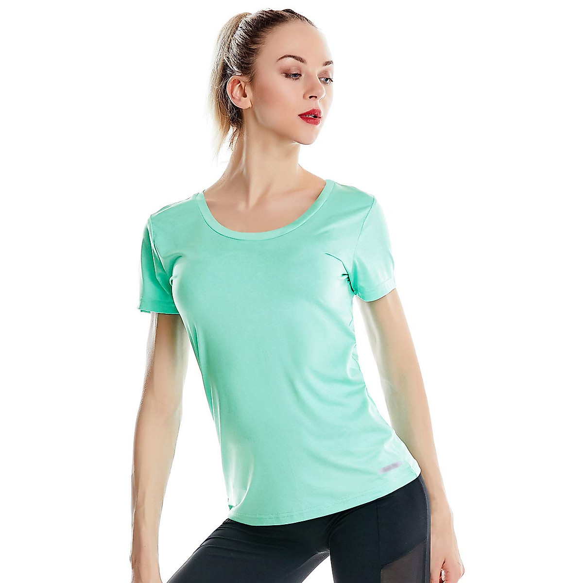Womens Running Shirts Dry Fit Scoop Neck(Mint Heather,S)