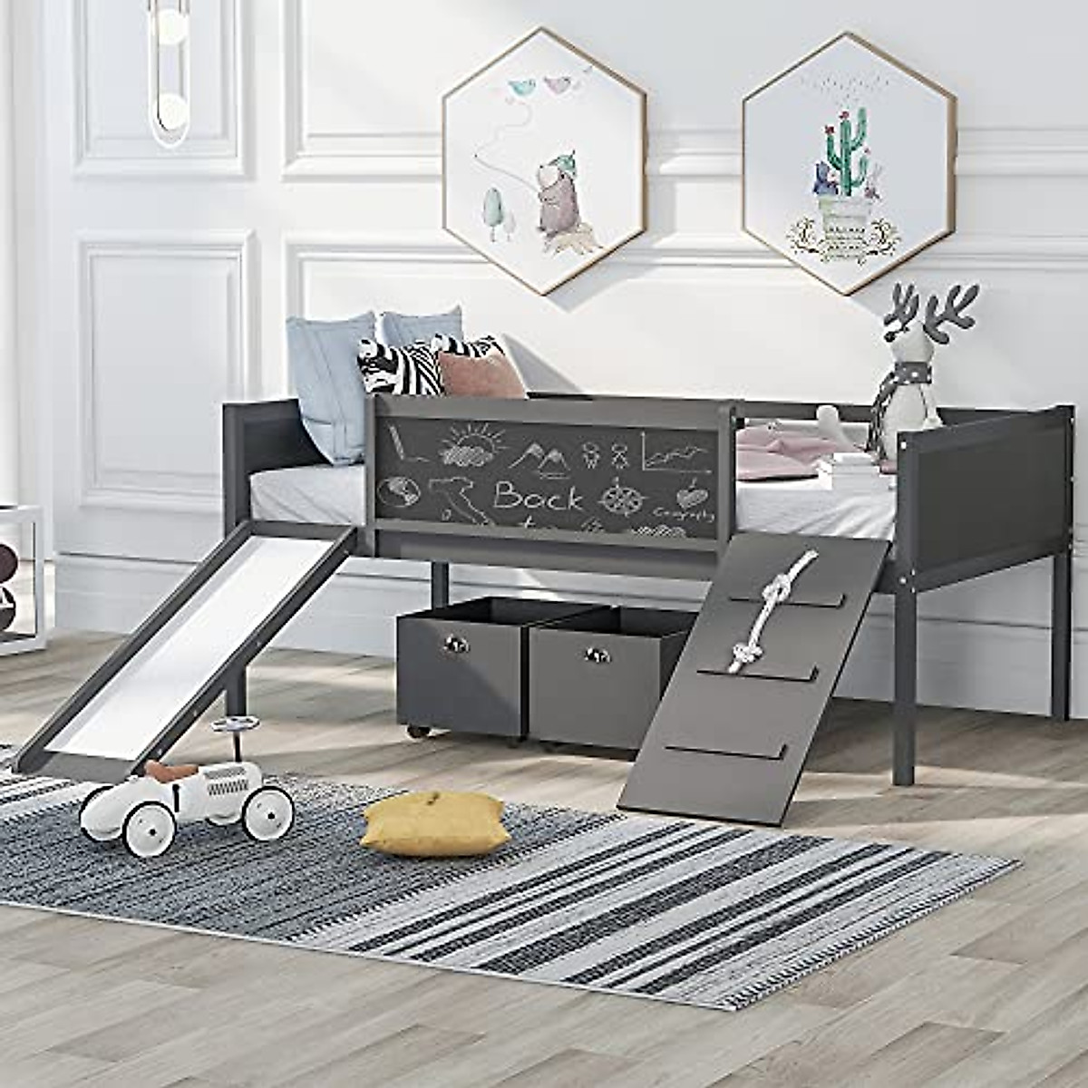 Low Loft Bed with Slide, Twin Loft Bed with Storage Boxes, Wood Twin Low Loft Bed Frame with Climbing Ladder and Chalk Board for Kids Boys Girls Teens, Grey