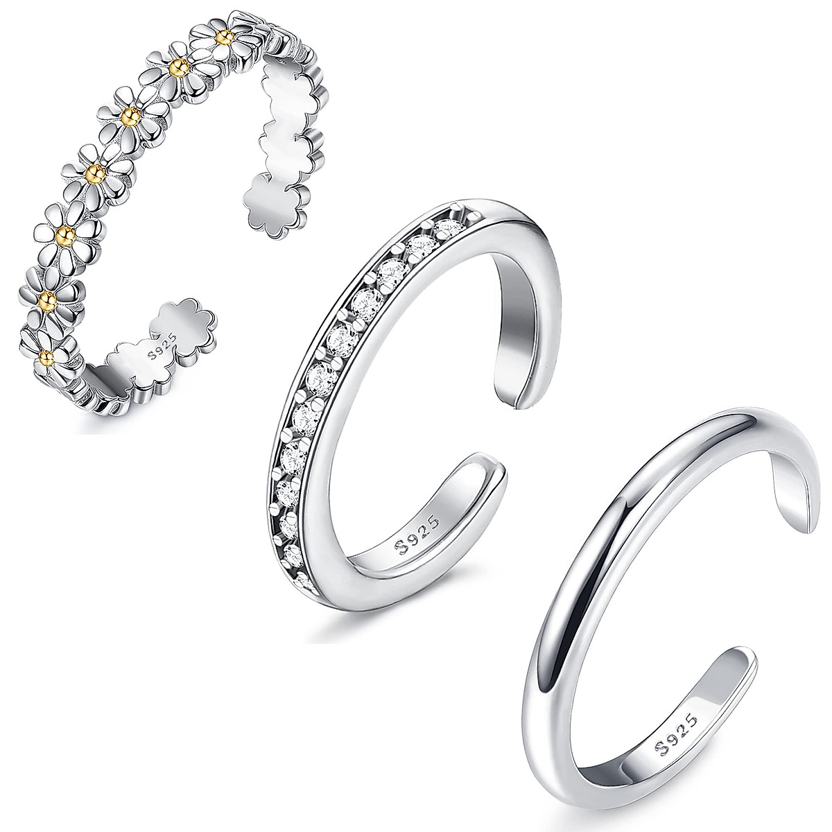 FASACCO Toe Rings 925 Sterling Silver Toe Rings for Women CZ Simple Daisy Adjustable Toe Rings