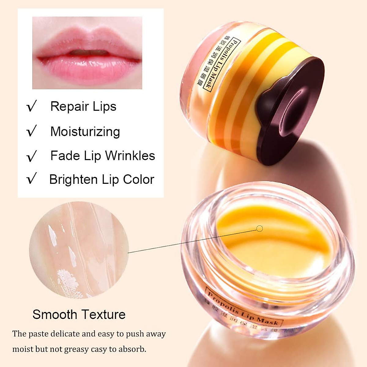 Bee Lip Balm Honey Pot, 2 PCS Strawberry & Honey Hydrating Prevention Dry and Cracked Lip Scrubs Exfoliator, Propolis Moisturizing Lip Sleep Mask Reduces Lip Lines, Lip Exfoliating Honey Bee Lip Mask