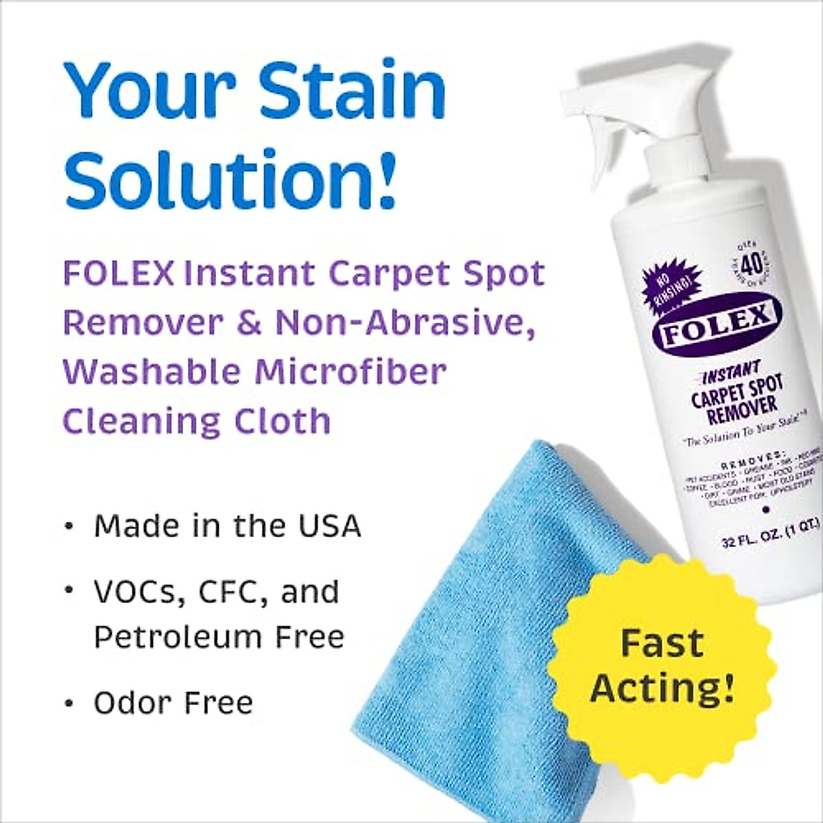 Black Swan Distributors - FOLEX Instant Carpet Spot Remover (32 oz) & Non-Abrasive, Washable Microfiber Cleaning Cloth (15x15 in) - Household Stain Treater Kit - Handheld Rug & Upholstery Cleaner