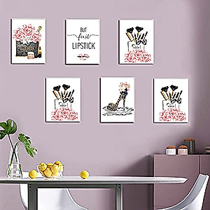 IEVEY Pink Wall Decor Prints（6pcs）, Paris Decor for Bedroom,Pink Bathroom Decor Modern Art Posters,Perfume Lipstick Makeup Cuadros Para Baños Artwork Girls Room