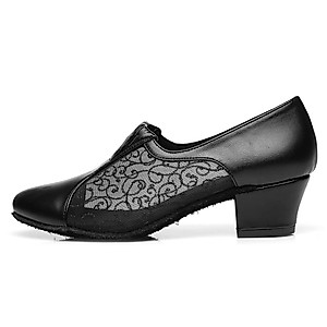 Minishion Women's Closed Toe Slip-on Block Low Heel Salsa Latin Ballroom Dancing Shoes Black US 10