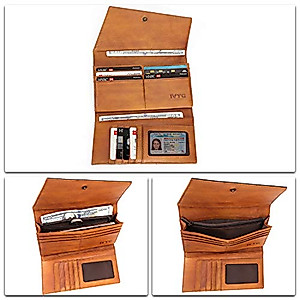 Genuine Leather Wallet RFID Blocking Women Long Purse Vintage Cowhide Handmade Card Holder Organizer (Brown)