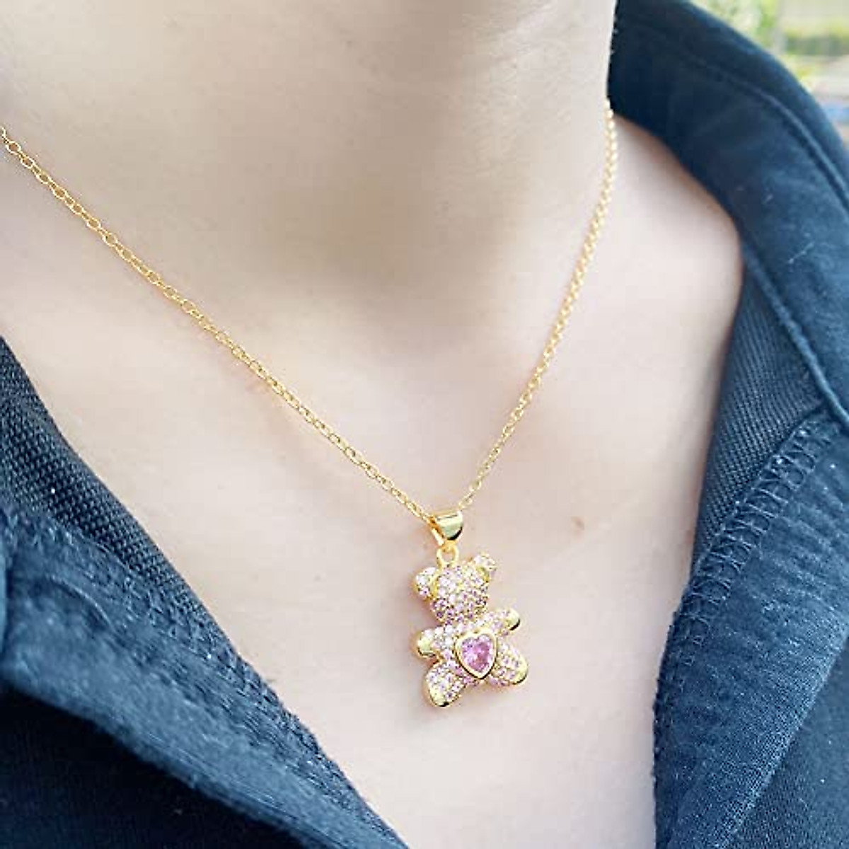 Foruiston Teddy Bear Pendant Heart Crystal Pendant Necklace Cute Animal Jewelry for Women (pink)