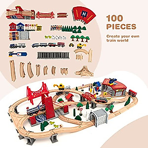 HONEY JOY Train Table, Wooden Kids Activity Table with Storage, 100 Multicolor Pieces, Tracks, Trains, Cars, Toddler Train Table Set with Reversible Tabletop, Gift for Boys Girls Age 3+, Natural