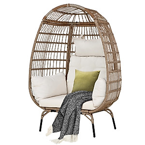 Wicker Patio Egg Chair Outdoor,Outdoor Furniture Chair,Rattan Papasan Chair with Removable Cushion Oversized Outdoor Egg Chair for Bedroom,Backyard,Living Room,Poolside,Patio,Hold up to 350 LBS,White