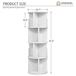 oneinmil 360° Rotating Bookshelf, Small Corner Bookcase with Small Footprint, 4 Tier Standing Bookcase for Kids&Adults, Wood Bookshelf Designed for Living Room, White