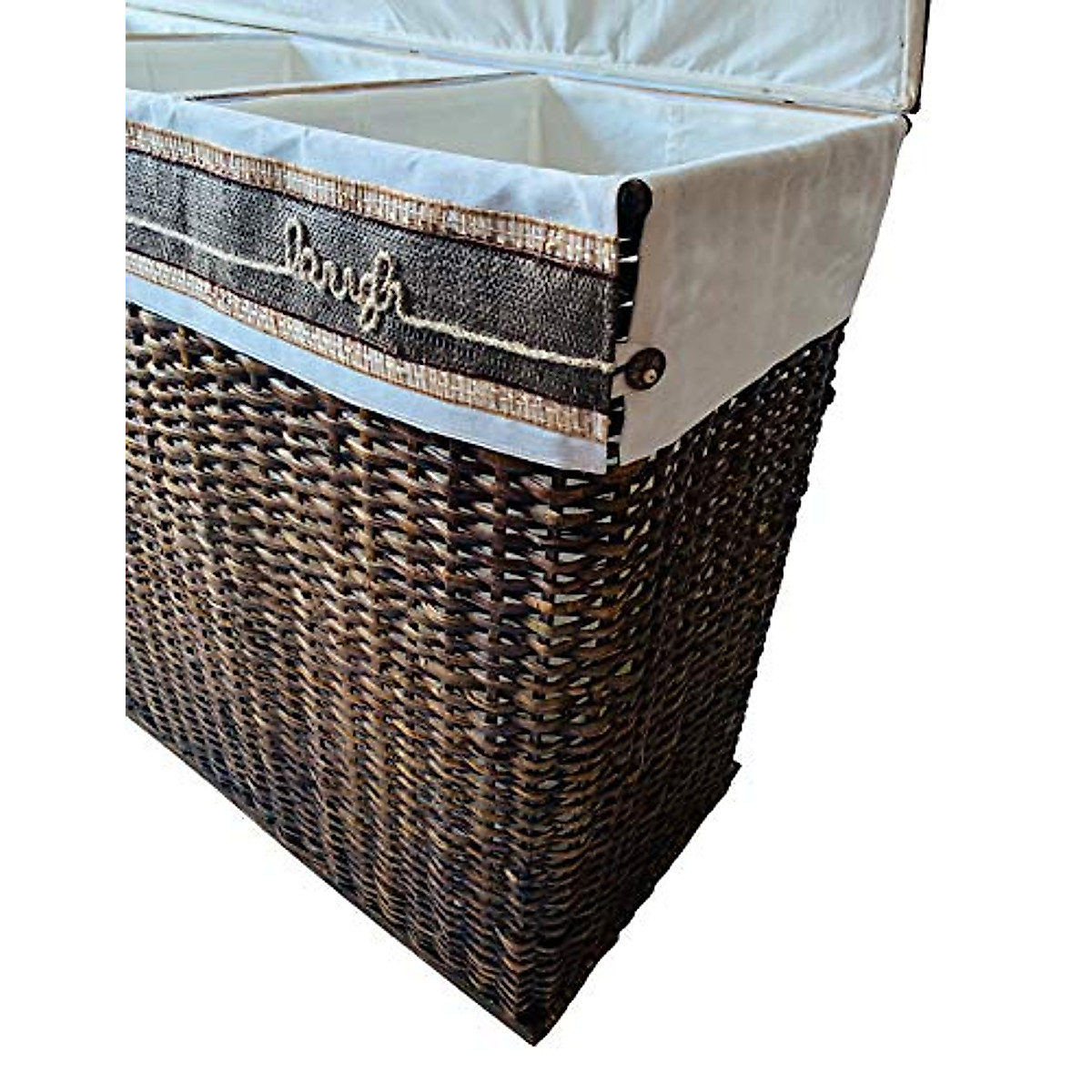 GUTZ Handcrafted Wicker Oversized 3 Section Divided Laundry Hamper Sorter and Organizer Handwoven Rattan Basket with Lid, Cloth Liner and Coconut Buttons, Jute Rope, and Raffia Weave Accent