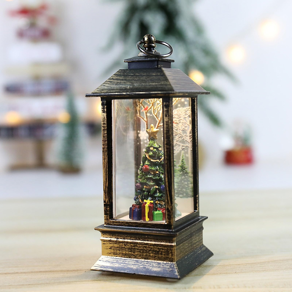 Lighted Snow Globe Lantern, Christmas Tree Light- Up Lantern Xmas Hanging Lamp for Xmas Party Supplies, Xmas LED Oil Lamp Simulation Flame Light, Christmas Snow Globe Lantern Gifts (Tree)