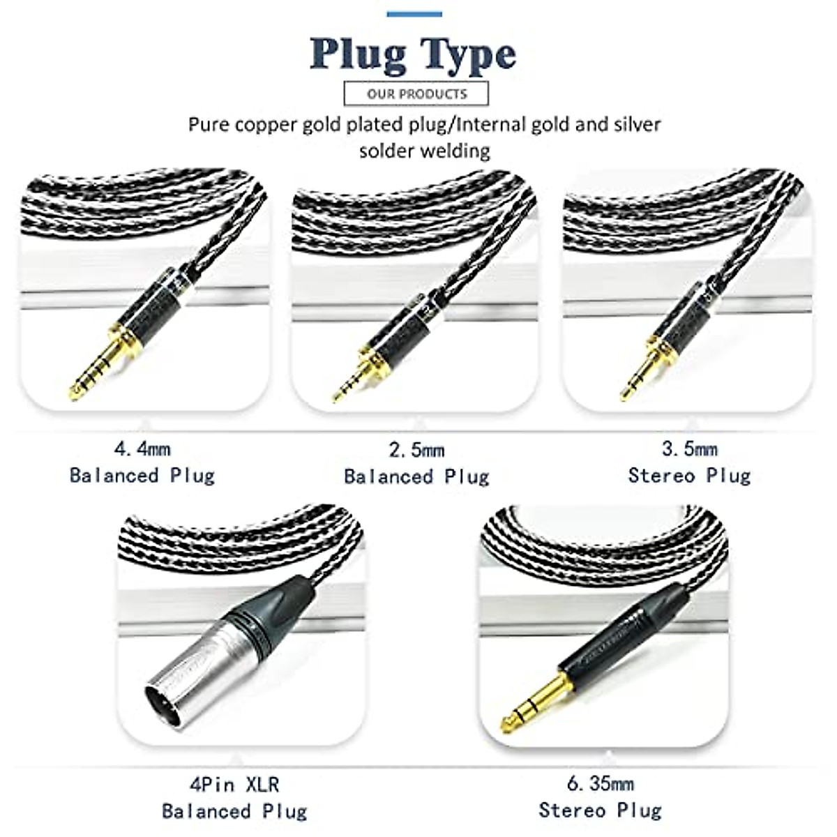 GUCraftsman 16 Strands 7N Single Crystal Copper/Silver Mixed Headphones Replacement Cables 4Pin XLR/2.5mm/4.4mm Balance for HIFIMAN HE1000SE HE5SE HE6SE SUSVARA Ananda Arya SUNDARA (4.4mm Plug)