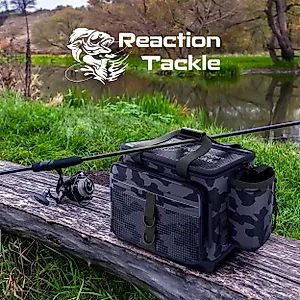 Reaction Tackle Fishing Tackle Bag - Water Resistant Camo Tackle Bag with Padded Shoulder Strap, D Ring Hanger, Suitable for 3600 Tackle Boxes, Compression Molded and Waterproof Non-Slip Bottom
