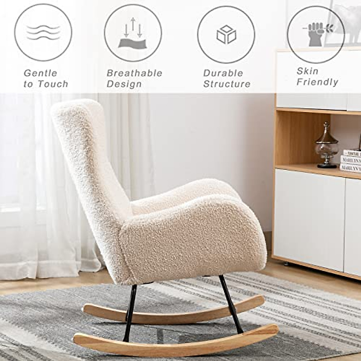 KINFFICT Small Rocking Accent Chair, Uplostered Glider Rocker Armchair for Baby Nursery, Comfy Side Chair for Living Room, Bedroom (Beige), 32D x 26W x 37H in