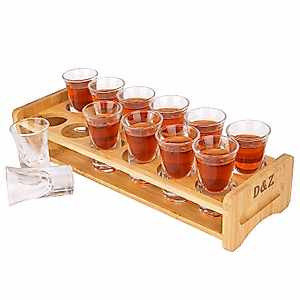D&Z Bamboo Wooden Shot Glass Holder/Tray with 12 Crystal 1oz Clear Shot Glasses