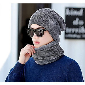 2 Pieces Winter Beanie Hat Scarf Set Thick Warm Knit Fleece Lined Skull Cap Scarves Gifts for Men,Y-Gray