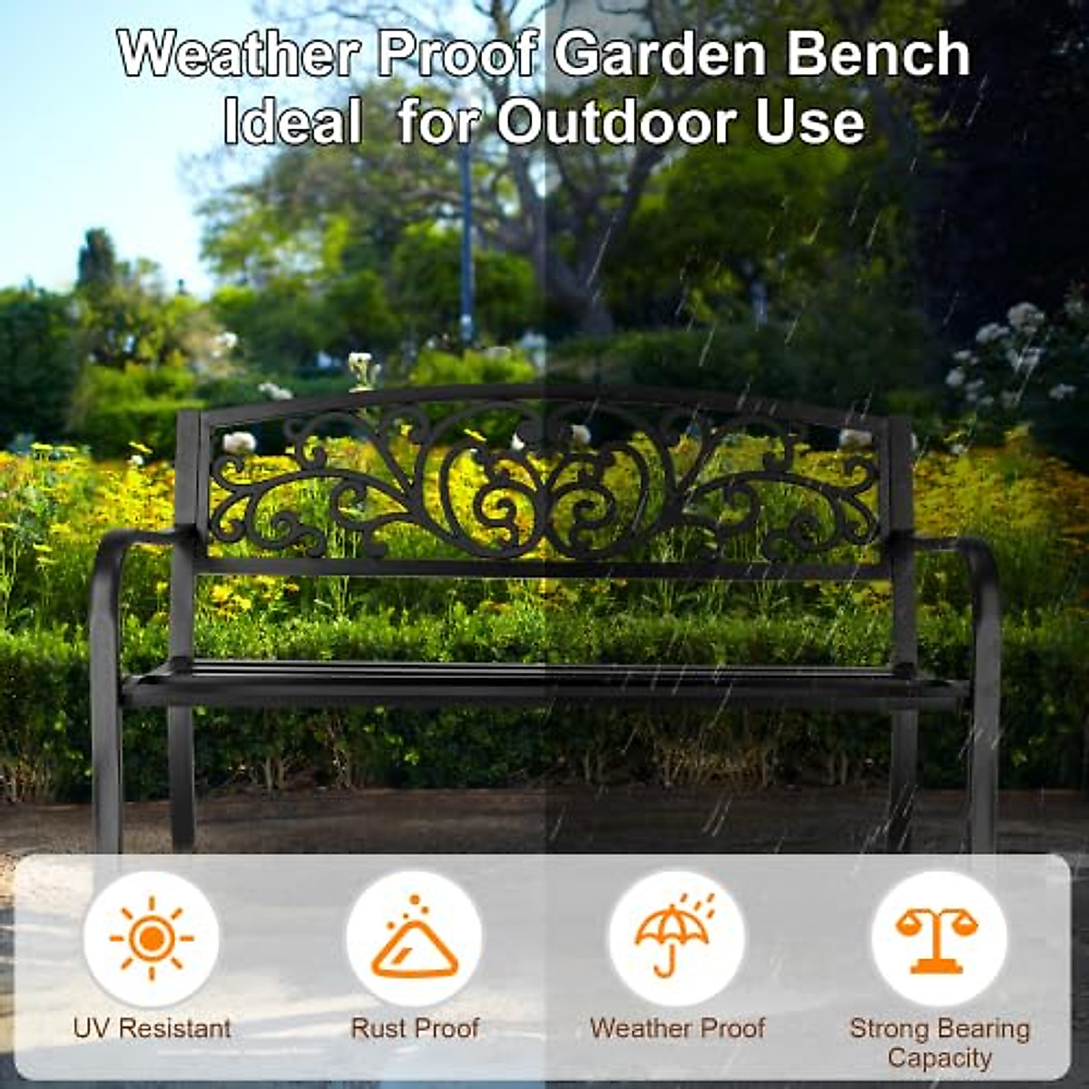 GODECOR 50" Outdoor Garden Bench, Patio Furniture Metal Outdoor Chair with Steel Frame, Weather Proof 2-Person Outdoor Loveseat with Butterfly Backrest for Park, Porch, Pool, Backyard