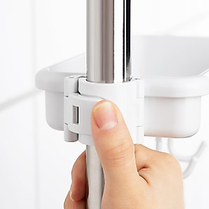 DeHUB Shower Caddy 7" with Hooks for Bathroom, Shower, Sink, Countertop, Shampoo, Soap, Sponge, Easy Installation, Dual Locking Clamp, No Drilling, No Glue, Height Adjustable, White