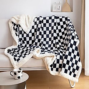 LOMAO Sherpa Throw Blanket Fleece Blanket with Checkered Pattern Soft Thick Blanket for Couch, Bed, Sofa Luxurious Warm and Cozy for All Seasons (Black, 51"x63")