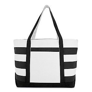 DALIX Striped Boat Bag Premium Cotton Canvas Tote in Black