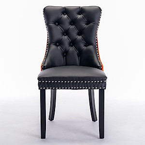PU Leather Dining Chairs Set of 2, Upholstered Tufted Dining Room Chairs with Nailhead Trim, Ring Pull and Solid Wood Legs, Luxury Wingback Dining Chairs for Living Room Kitchen, Black+Orange