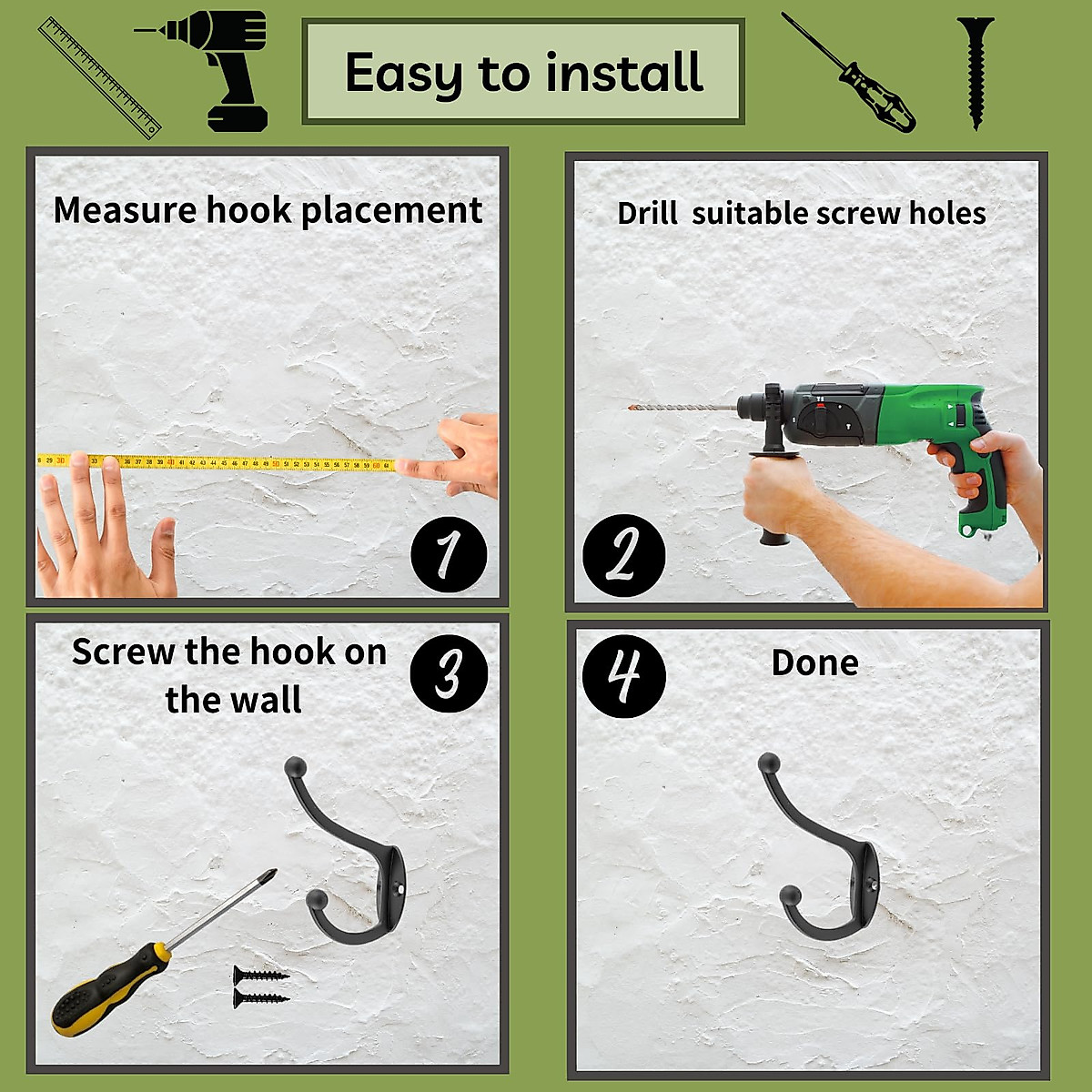 10 Pack Round Head Wall Hooks Coat Hooks, Hooks for Hanging Towels Clothes Robes Double-Prong Wall Mounted Decorative Coat Hanger with 20 pcs Screws (Silver)