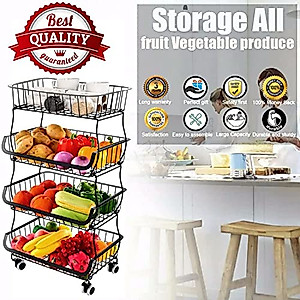 Loyaltaling Utility Cart, Kitchen Storage Cart Fruit Vegetable Storage Basket for Kitchen 4 Tier Stackable Metal Wire Baskets Cart with Rolling Wheels Utility Fruits Rack Produce Snack Organizer Bins