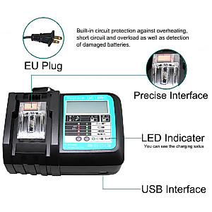 QCZRED 2 Pack 18V 5.0Ah BL1850B Battery and 3A Charger DC18RC Replace for Makita 18V LXT BL1850 BL1840b BL1830 BL1815 BL1860B Battery
