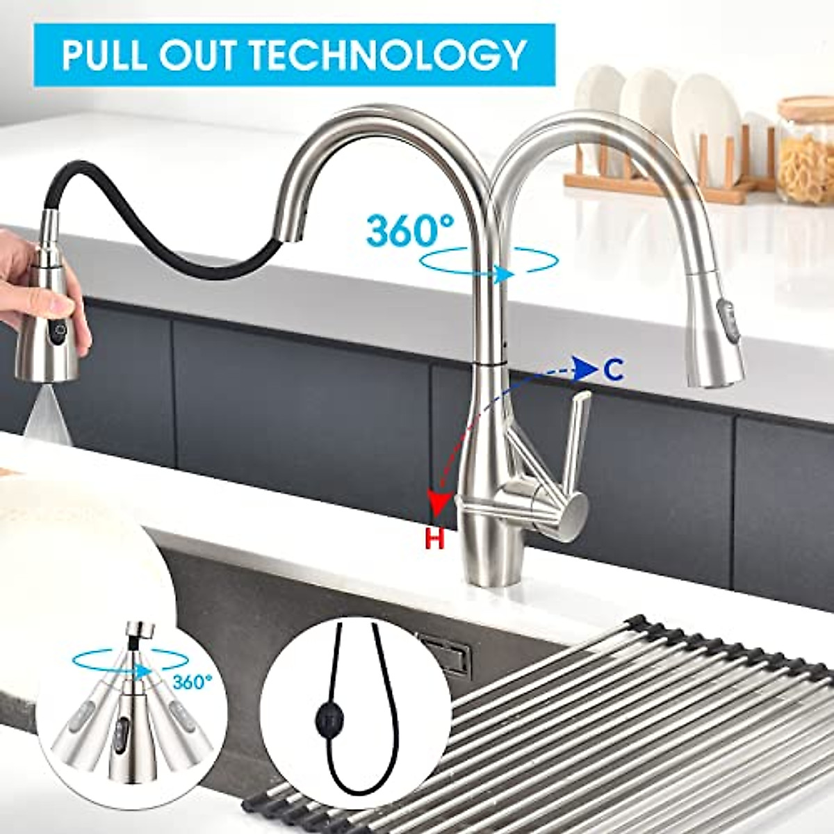 CREA Touch Kitchen Faucet with Pull Out Sprayer, Touch-on Activated Kitchen Sink Faucet Single Handle RV Uitility Laundry Outdoor Faucet with Deck Plate