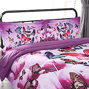 ENCOFT Purple Butterfly Comforter Sets Full Size 3 Pieces, Girls Teen Kids Quilted Bedspread Comforter Bedding Sets, Butterfly Bedding Sets Full
