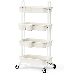 Pipishell 4-Tier Rolling Cart, Utility Cart with Lockable Casters, PP Plastic Storage Baskets, Hanging Cups & Hooks, Rolling Cart for Living Room, Bedroom, Kitchen, Bathroom, Art Studio(White)