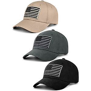 KIRAAT 3 Pack American Flag Baseball Cap Unisex,Low Profile USA Plain Dad Hat for Men＆Women (Black＆Grey＆Khaki)