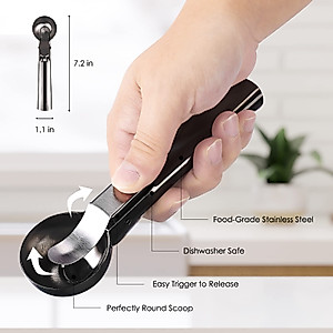 D Ice Cream Scoop, Stainless Steel Ice Cream Scooper with Trigger Release, Metal Cookie Scoops, Iceream Scoop Spoon for Meatball Frozen Yogurt Gelatos and Sundaes, Dishwasher Safe (Black)