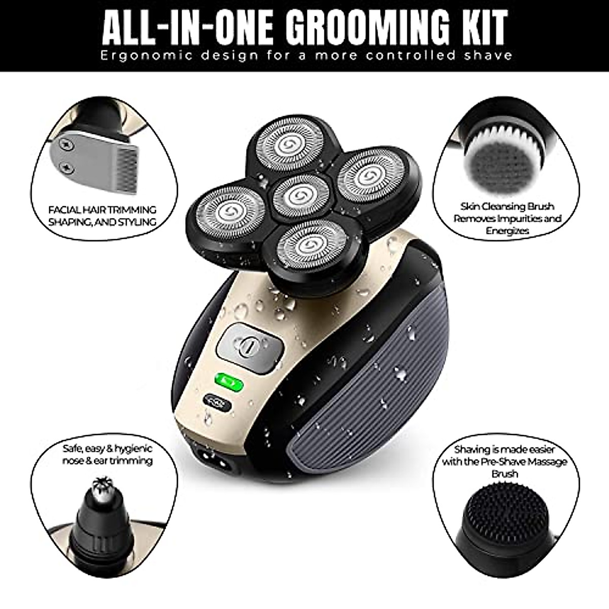 NAWAZJEE Electric Head Hair Pitbull Skull Shaver, Waterproof, Wet and Dry Rotary Razor, Cordless,USB Rechargeable, Men Bald Head Shaver Grooming Kit, Nose Ear Face and Body Trimmer, Multifunctional